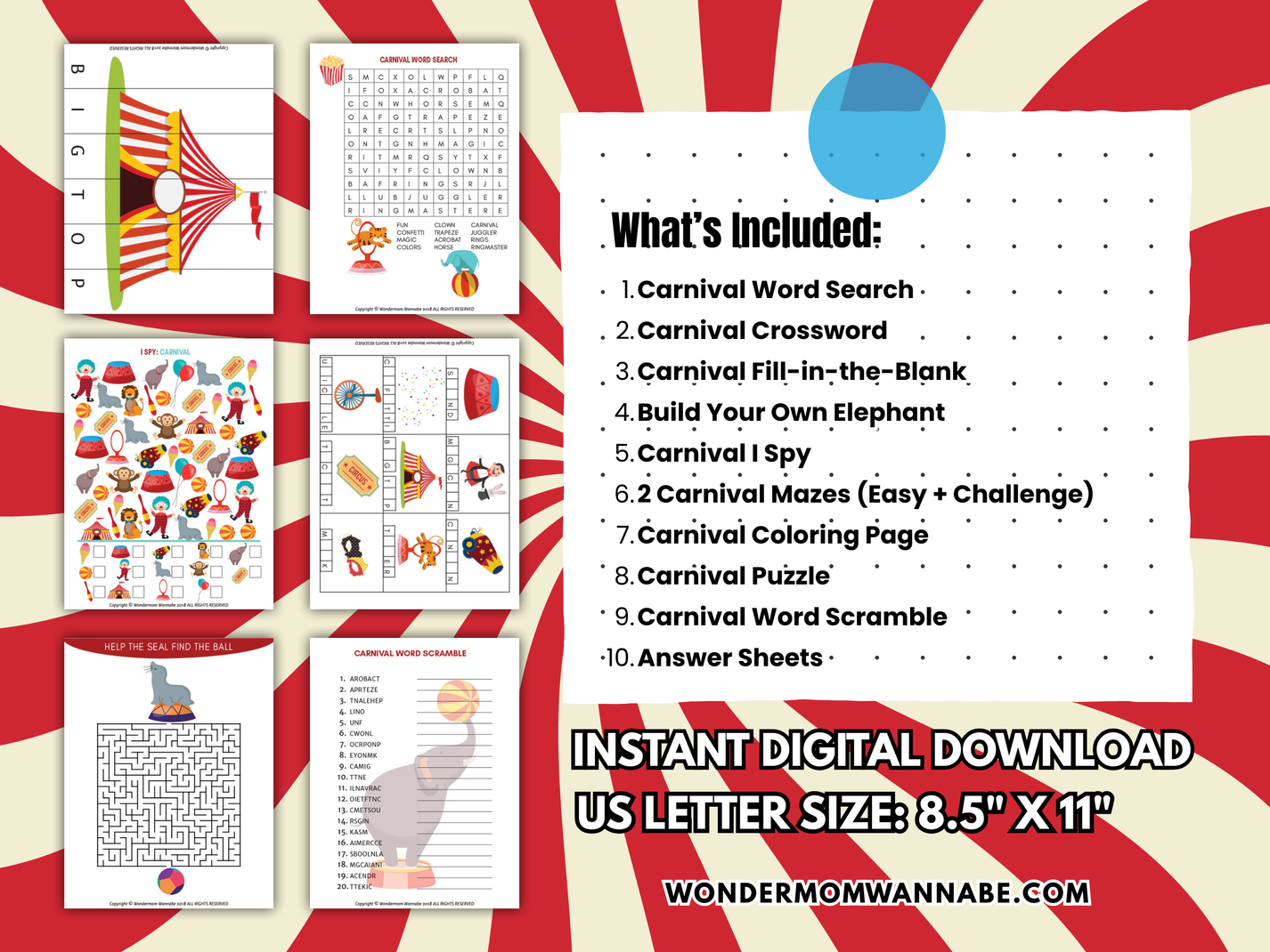 Carnival Fun Pack for Kids – Printable Games, Puzzles, Crafts & Circus ...